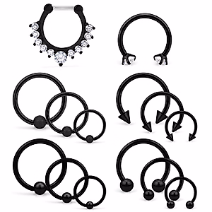 Ocptiy 16G Black Septum Ring Piercing Jewelry Horseshoe Septum Nose Ring 16 Gauge Stainless Surgical Steel Cartilage Tragus Helix Rook Daith Earring Eyebrow Lip Ring Smiley Piercing Jewelry Women Men