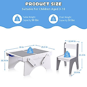 IFBUY 35" Wide Toddler Table and 2 Chairs Set with Storage Drawer, Kids Wooden Activity Desk for Ages 3-10, Compatible with Most Building Blocks, for Boys and Girls, Light Grey