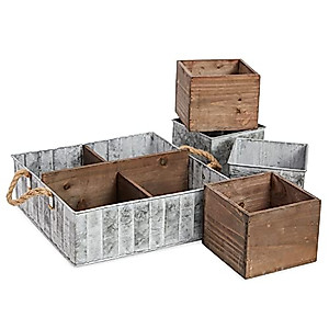 Farmlyn Creek 5 Piece Galvanized Metal Tray with Dividers and Removable Wooden Storage Boxes, Rustic Kitchen Decor (13 x 5 In)
