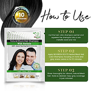 BIOGREEN ROOTS Ammonia-Free Herbal Hair Shampoo - Effectively Covers Gray Hair for Men and Women - Natural Color and Herbal Nourishment - No Stain on Skin - Natural Black (10 sachets x 25 ml)