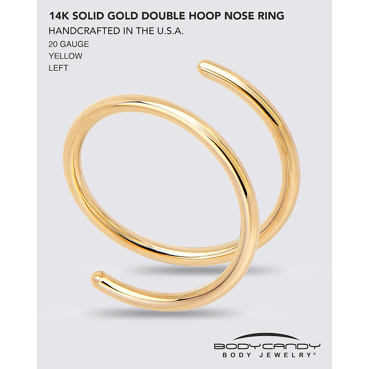 Solid 14k Yellow Gold Double Hoop Nose Ring for Women and Men - Hypoallergenic Spiral Nose Jewelry for Single Piercing - Handmade in USA -20 Gauge 8mm Left