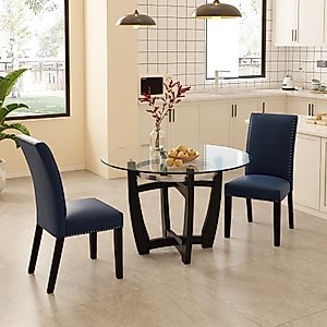 Tempered Glass Dining Table Chair Set with 2 Leather Upholstered Chairs 48" Round Kitchen Table w/ Glasstop & 2 Table Side Chairs for Dining Room Home Kitchen, Transparency&Purplish Blue-2P