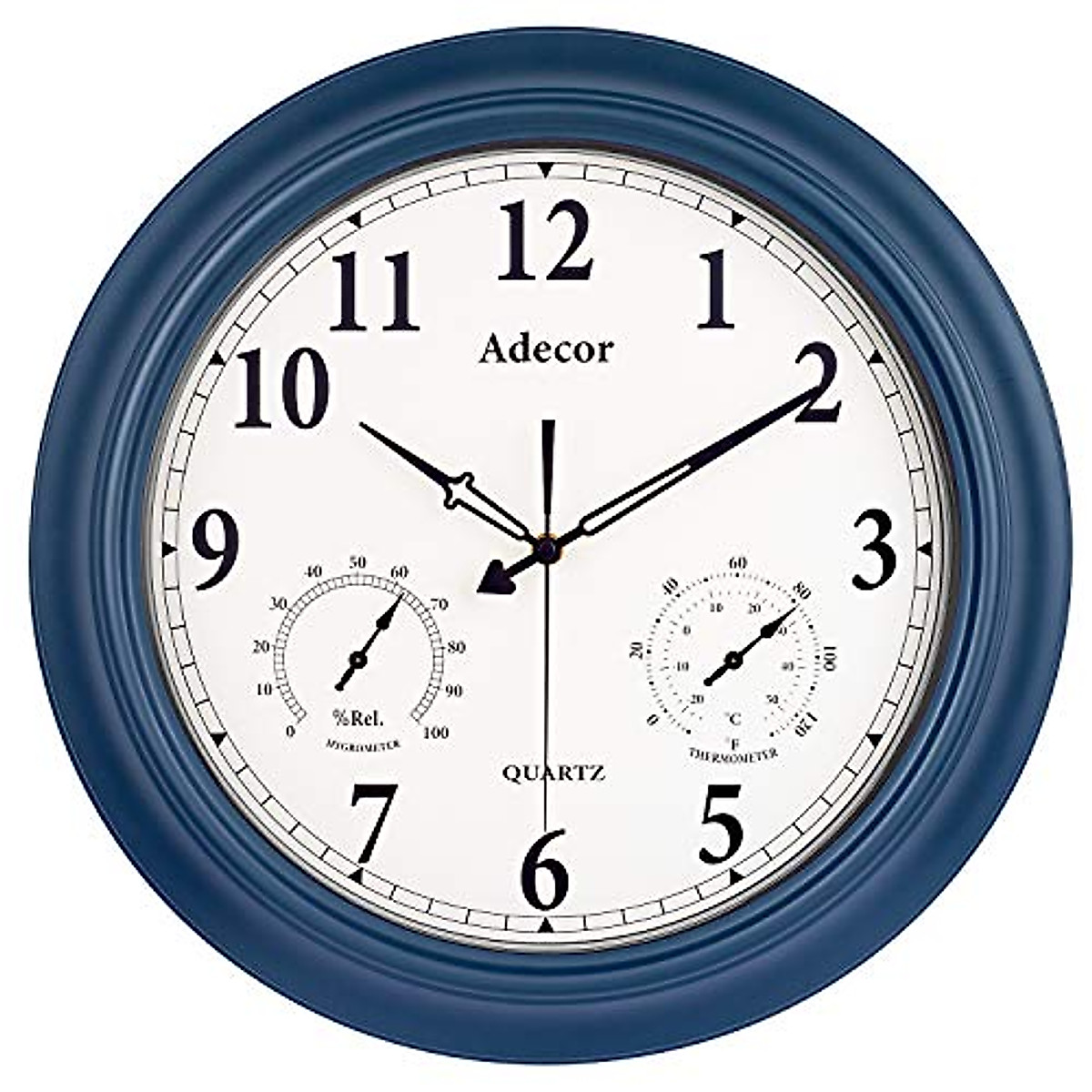 Outdoor Clocks with Thermometer and Hygrometer Combo, Waterproof Metal Wall Clock, Large Display Silent Non Ticking Battery Operated Clock for Garden/Patio/Pool/Lanai/Fence (18 Inch, Navy Blue)