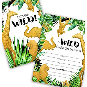 POP parties Golden Safari Baby Shower Invitations - 40 Pieces - 20 Invitations + 20 Envelopes - Gold Safari Baby Shower Supplies - Jungle Baby Shower Decorations - Safari Shower Invitations - WB 20ct