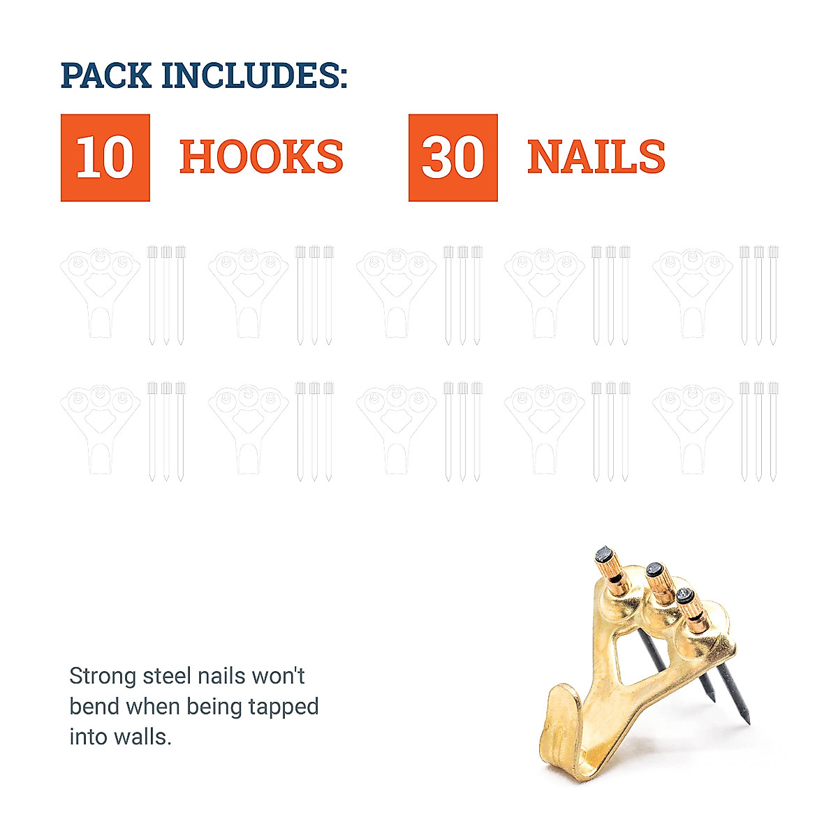 Heavy Duty Picture Frame Hooks Supports Up to 100 lbs - 10 Pack with Nails | Picture Hanging Hooks for Drywall - Mirror Hanging Hardware - Plaster Wall Picture Hangers