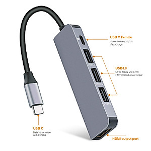 USB Type C Hub 5-in-1 USB C Adapter with 4K USB C to HDMI,USB3.0 with 5GB Data Transfer Compatible with Type c laptops