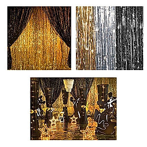 Adorox (2 pc Metallic Black) Metallic Silver Gold Rainbow Photo Backdrop Foil Fringe Curtains Party Wedding Event Decoration