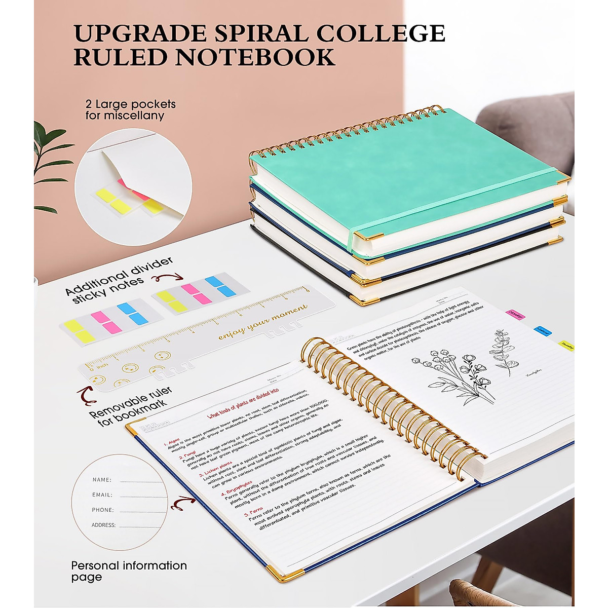 Spiral Notebook Journal 8.5” x 11”, 300 Pages Hardcover Leather Lined Journals for Women Men, A4 Large College Ruled Notebooks with 100 GSM Thick Paper, Spiral Journal for Writing Work School, Navy