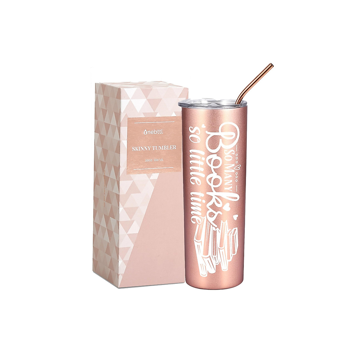 Onebttl 20oz Rose Gold Insulated Stainless Steel Book Lover's Tumbler with Straw and Lid - So Many Books, So Little Time