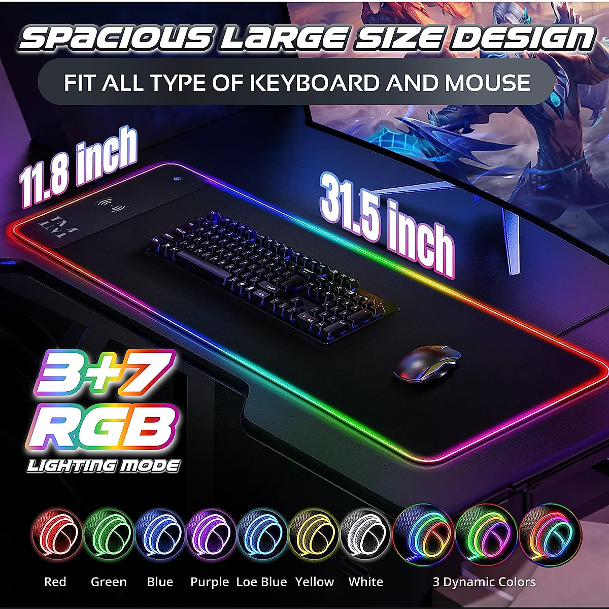 Ingenious Minds RGB Gaming Mouse Pad with Wireless Charging, Large Gaming Mouse Pad with 15W Fast Charging, 10 Colors LED Light, Premium and Non Slip Surface for Gaming, Desks, PC, and Office.