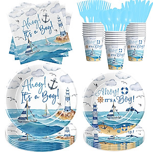 Suhelkit Ahoy Its A Boy Baby Shower Decorations Tableware - Nautical Baby Boy Decorations, Plate, Cup, Napkin, Disposable Cutlery, Anchor Nautical Party Supplies For Sailor Boat Baby Shower | 24 Guest
