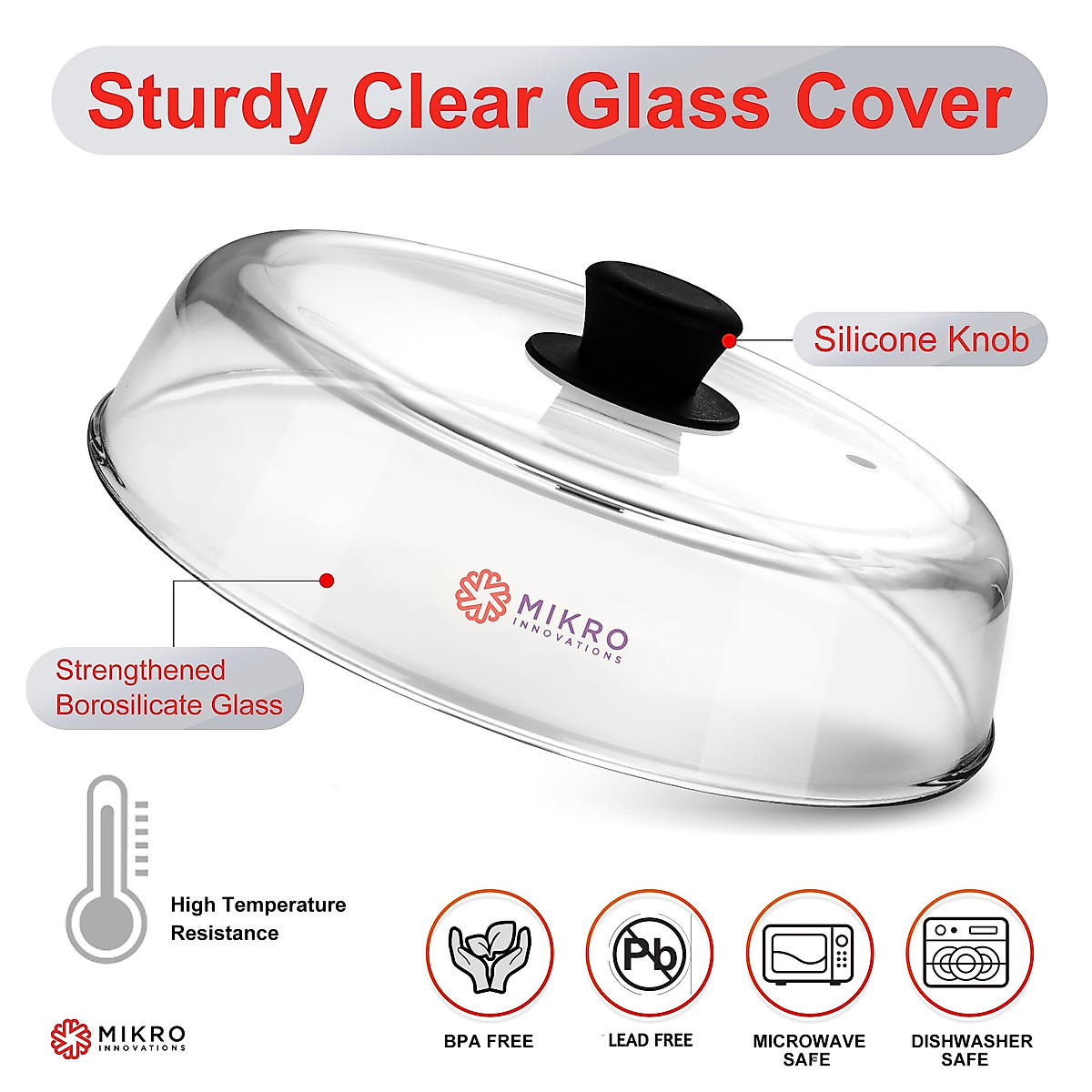 Glass Microwave splatter cover for food plate - Sturdy Borosilicate glass splatter guard with vent hole - 100% Food Safe BPA free Easy Grip Silicone Knob and Dishwasher safe - 10.5in