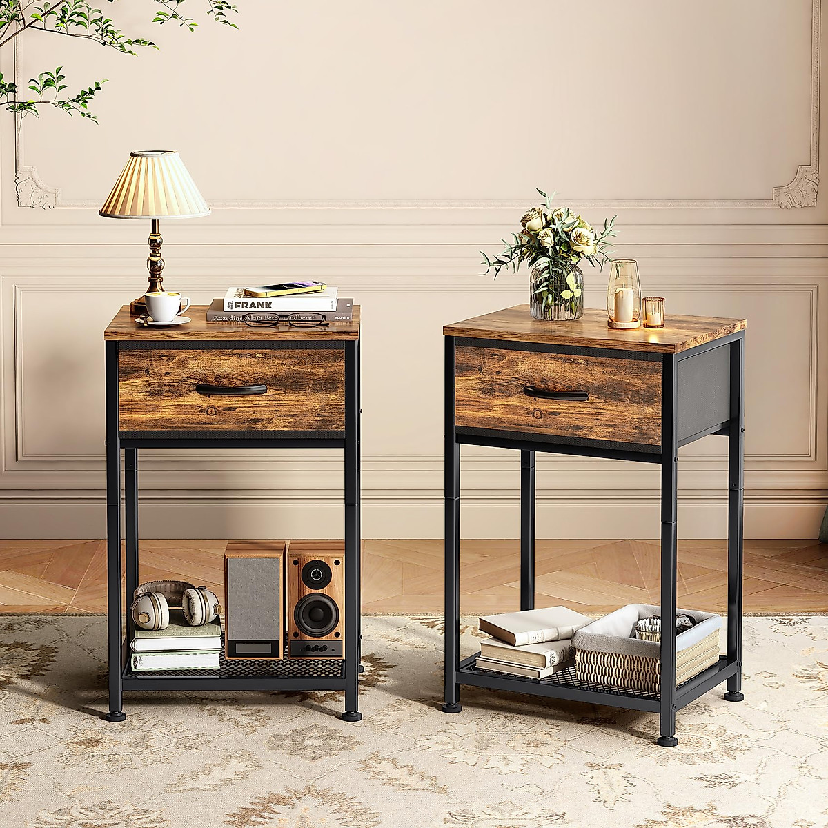 Kitstorack Night Stands Set of 2,End Tables with Drawer for Bedroom Side Table for Home, Small End Table Brown Wood Night Stand Bedroom Nightstands Bedside Table Set of 2 Bedroom Furniture
