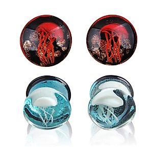 Glass Ocean Jellyfish Ear Plugs Gauges Tunnel Expanders Stretcher Unique Earrings Double Flared Piercings Body Jewelry Blue Red Set (00g(10mm))