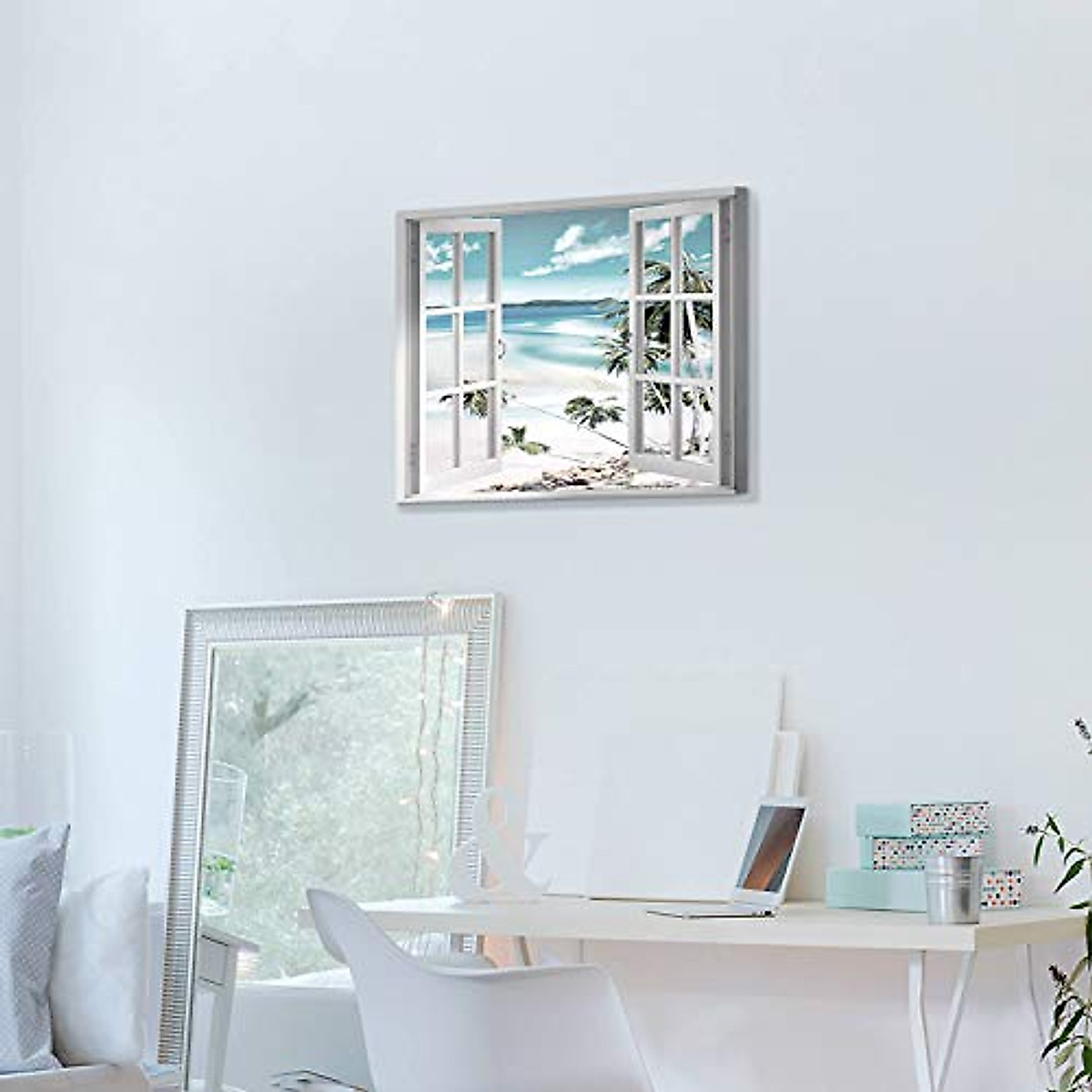 Open Windows Canvas Wall Art: Beach with Coastal Palm Graphic Artwork Print on Wrapped Canvas for Wall Decor(24''x18'')
