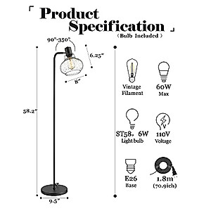 ELYONA Industrial Floor Lamp, Modern Standing Light with Handblown Seeded Bubble Glass Shade, Tall Pole Farmhouse Corner Light for Living Room Bedroom Office, Edison 6W Bulb Included, Black