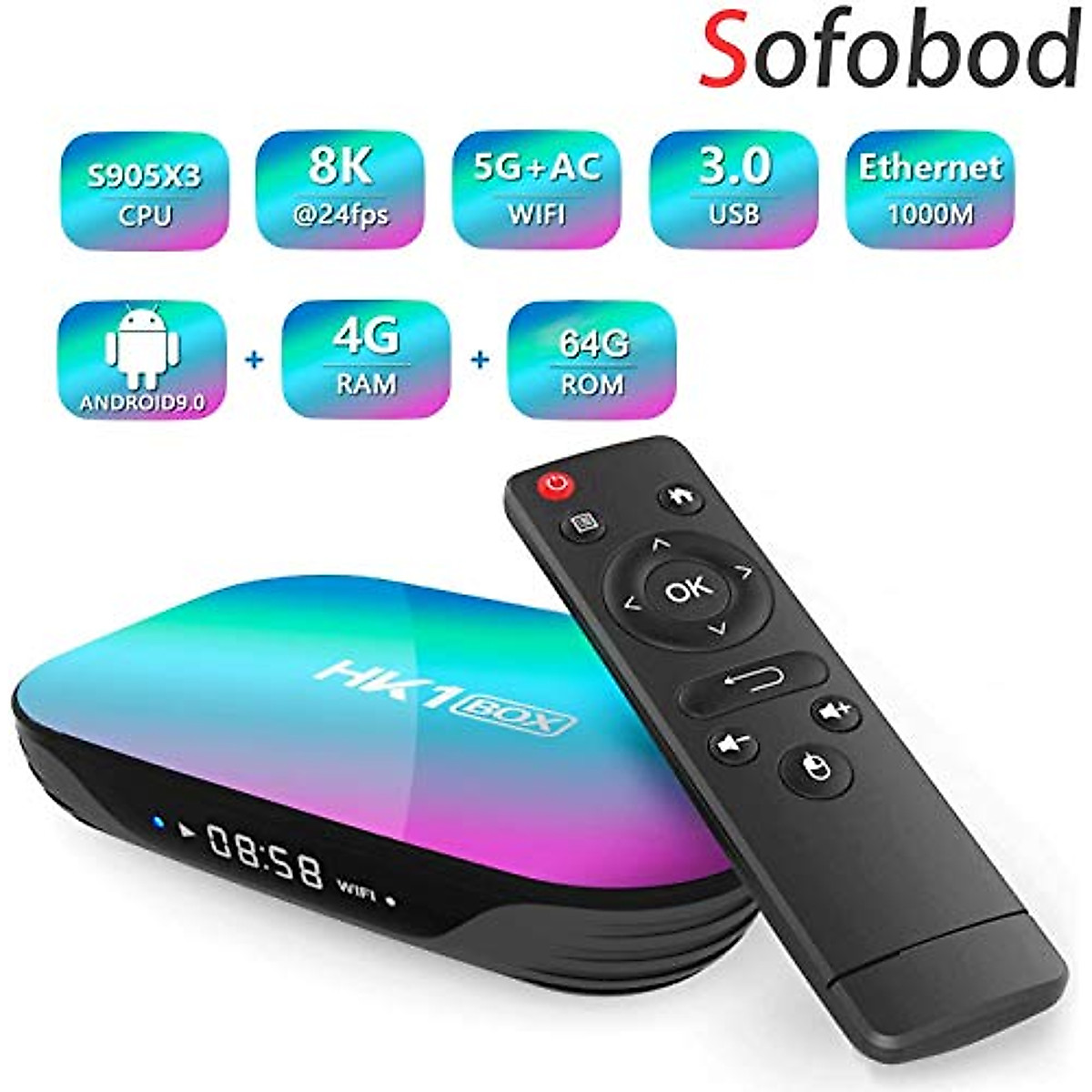 Sofobod HK1 Box Android 9.0 Smart TV Box with 4GB RAM 64GB ROM，Upgraded S905X3 Quad Core 64bit Cortex-A55 GPU G31 MP2, 2.4G/5G Dual WiFi BT4.0 H.265 Decoding LAN 1000, HD/4K/8K(HK1-4D)