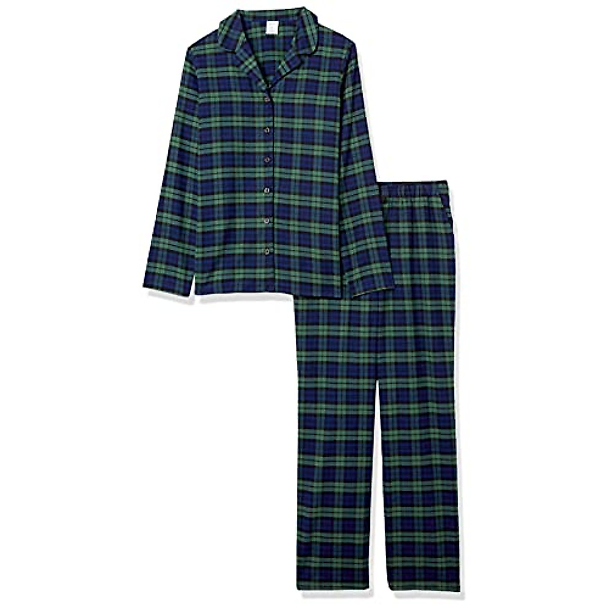 Amazon Essentials Women's Flannel Long-Sleeve Button Front Shirt and Pant Pajama Set, Cobalt Blue Green Blackwatch Plaid, Small