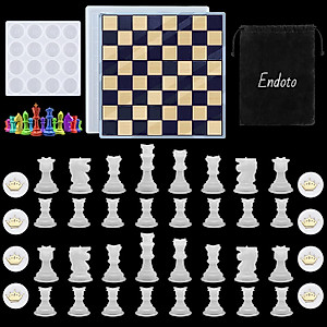 Endoto Chess Set with Checkers Board Silicone Resin Mold, 16 Pieces Full Size 3D Chess Crystal Epoxy Casting Molds for DIY Art Crafts Making, Family Party Board Games and Home Decoration
