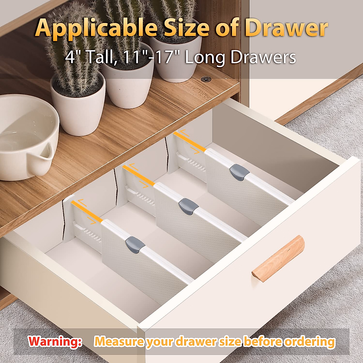 JONYJ Drawer Dividers Organizer 5 Pack, Adjustable Separators 4" High Expandable from 11-17" for Bedroom, Bathroom, Closet,Clothing, Office, Kitchen Storage, Strong Secure Hold, Foam Ends（White）