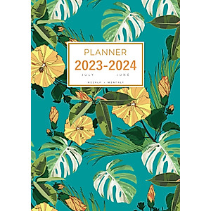 Planner July 2023-2024 June: A4 Weekly and Monthly Organizer | Summer Tropical Floral Design Teal