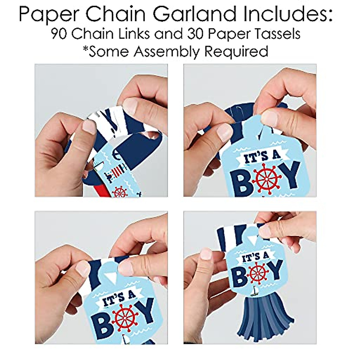 Big Dot of Happiness Ahoy It’s a Boy - 90 Chain Links and 30 Paper Tassels Decoration Kit - Nautical Baby Shower Paper Chains Garland - 21 feet