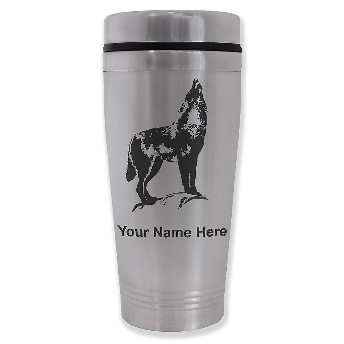 LaserGram 16oz Commuter Mug, Howling Wolf, Personalized Engraving Included