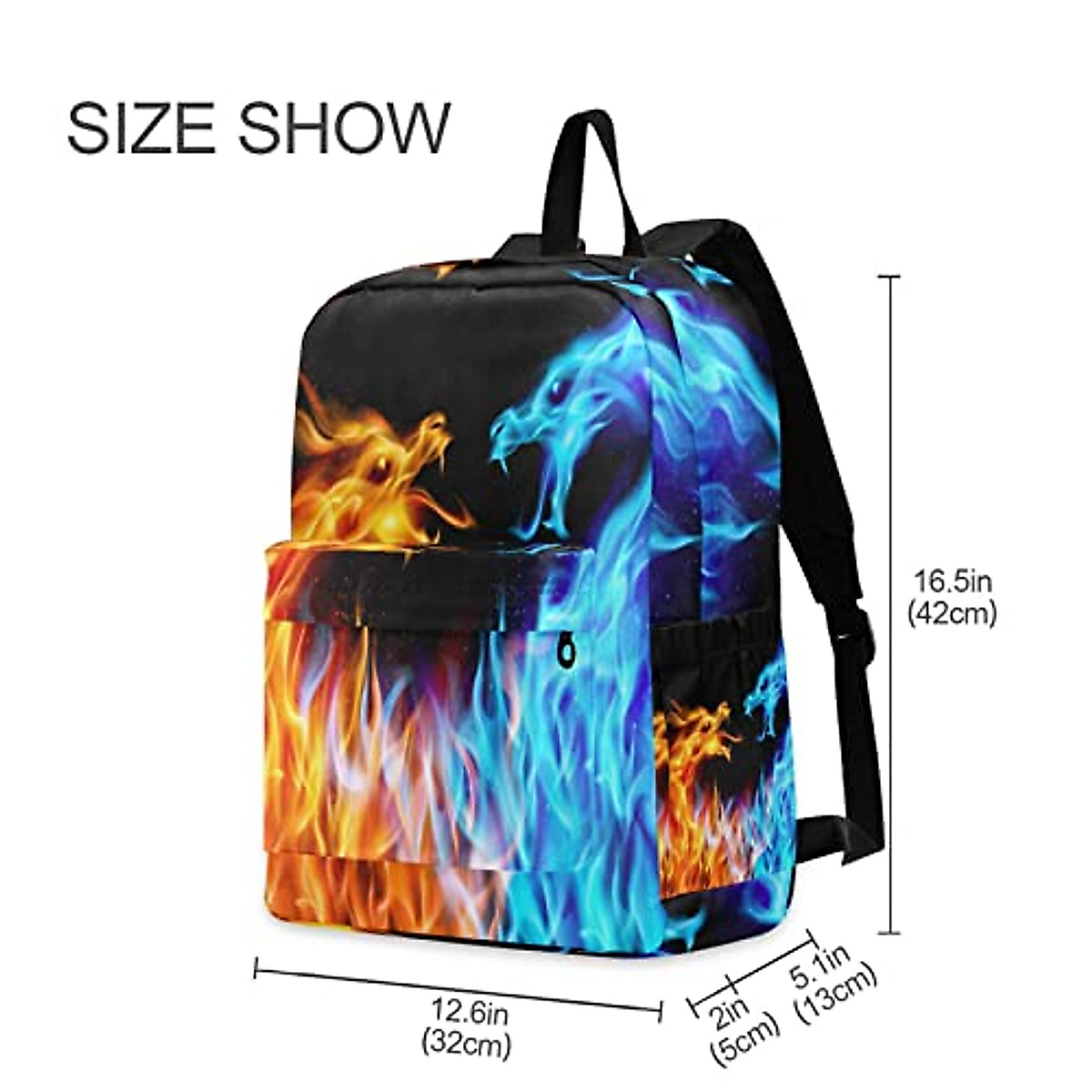 Blue and Red Fiery Dragons Backpack, Travel Rucksack Lightweight School Bookbag Daypack for Adults Teen Students Boys Girls One Size