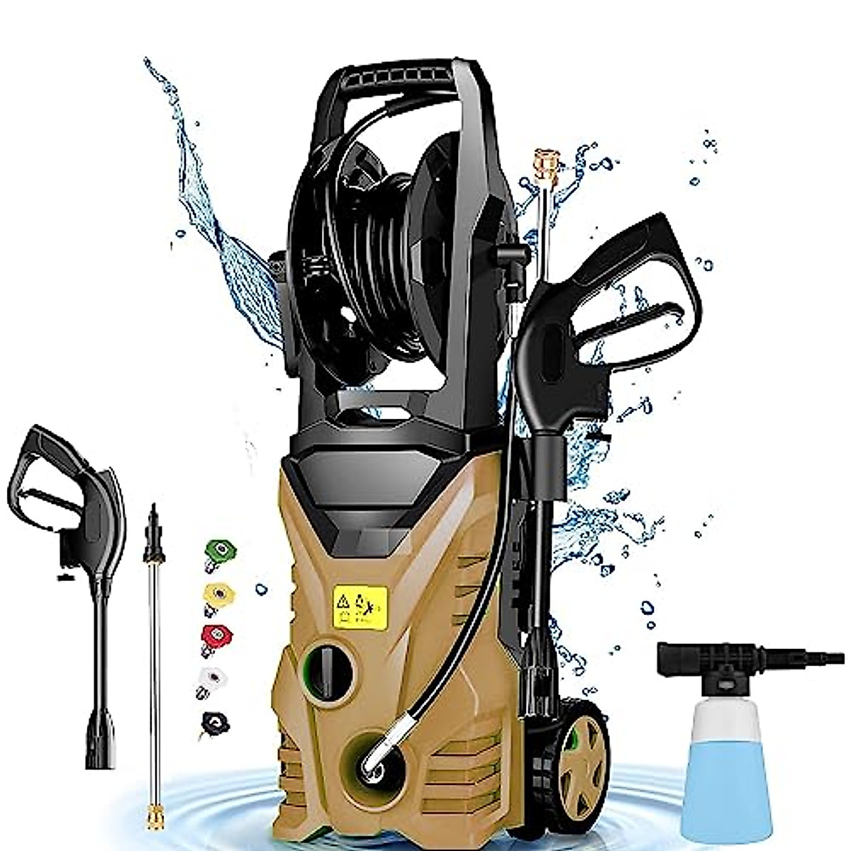 Suyncll Electric Pressure Washer - 2.0GPM Power Washers Electric Powered with Hose Reel, Car Washer with 5 Quick Connect Nozzles, 500ML Foam Cannon, TTS, Cleans Cars/Fences/Patios, 1500W(Gray)