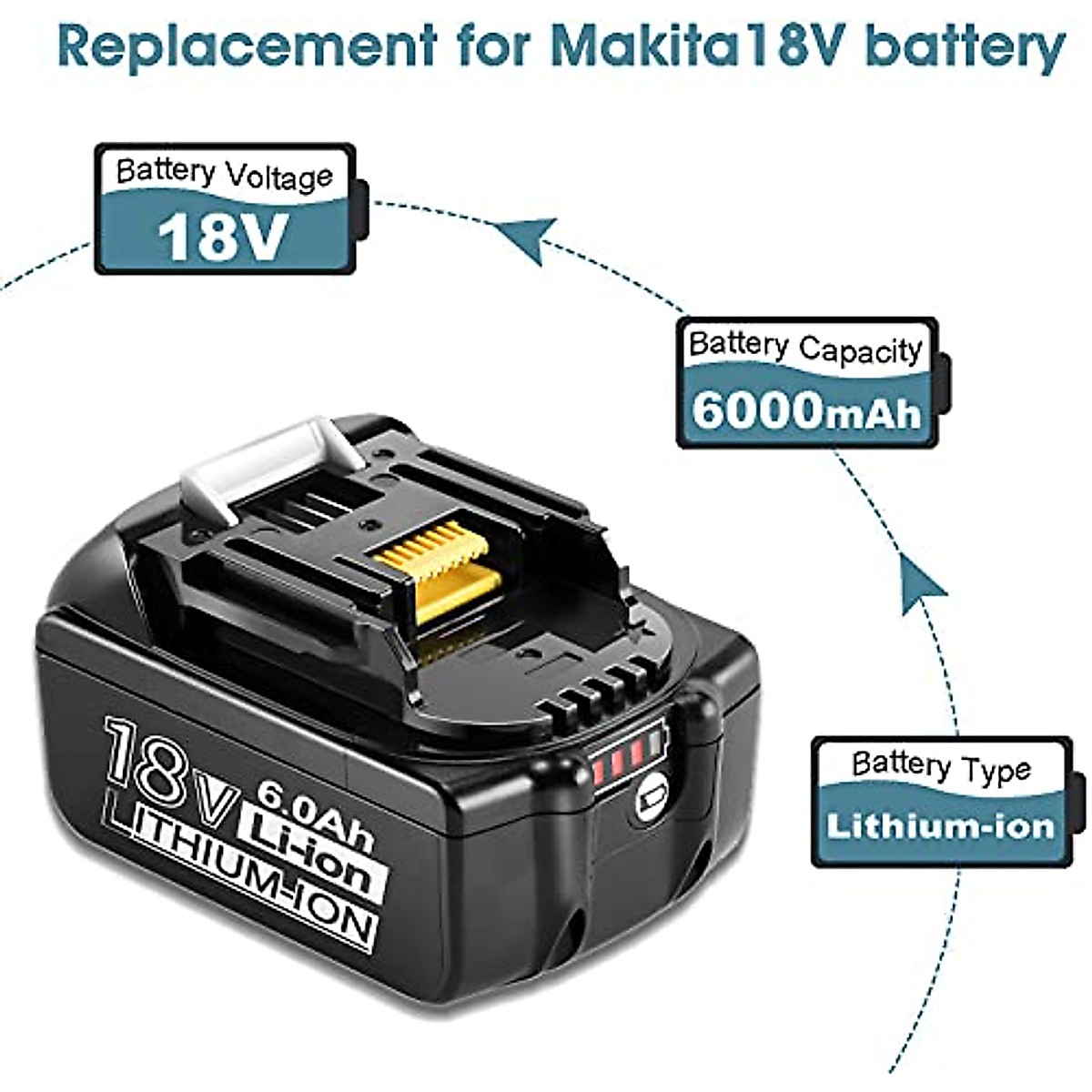 2 Packs 18V 6.0Ah BL1860B Battery Replacement for Makita 18v Battery Lithium BL1815 BL1820 BL1830 BL1840 BL1850 LXT-400 Cordless Power Tools Batteries with LED Indicator