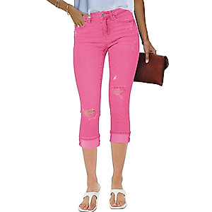 luvamia Women's Casual High Waist Ripped Capri Jeans Hot Pink Capri Pants for Women Dressy Womens Capri Pants for Summer Colored Jeans for Women Stretch Size Large Fits Size 12 / Size 14