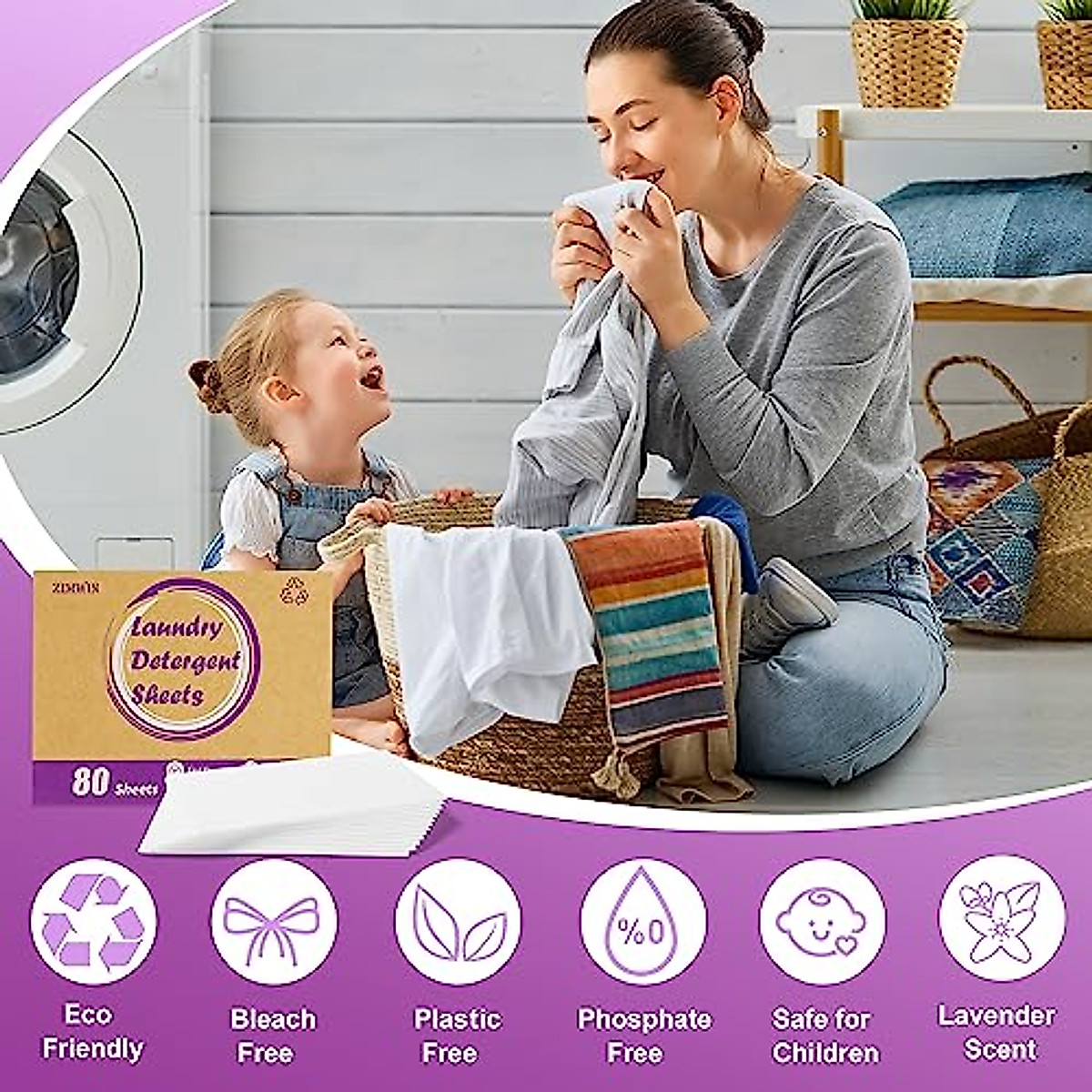 Zimwin Laundry Detergent Sheets, 80 Sheets Lavender Scent Laundry Soap Sheets - Eco-Friendly Hypoallergenic Liquidless Washing Supplies for Dorm Travel Camping - 80 Loads