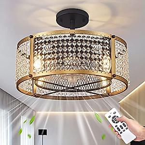 Zhizenl Ceiling Fan with Lights, 6 Speeds Reversible Crystal Ceiling Fans with Remote Control, Low Profile Industrial Modern Ceiling Fan Lights for Living Room Bedroom Kitchen Island (Gold & Black)
