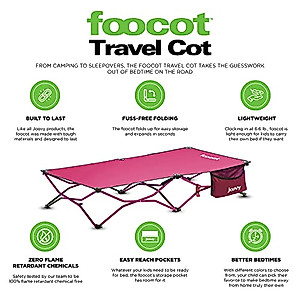 Joovy Foocot Travel Cot Featuring a Steel Frame and Tough Polyester Fabric, Storage Pocket, and Easily Folds into Included Travel Bag – Holds Kids Up to 48” Tall or 75 Lbs (Pink)
