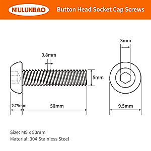 M5-0.8 x 50mm Button Head Socket Cap Screws Bolts 304 Stainless Steel Metric Machine, Allen Hex Drive, Bright Finish Fully Threaded 25PCS