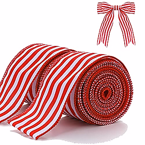 2 Rolls Christmas Wired Ribbon for Gift Wrapping, Red and White Striped Ribbons for Crafts/Christmas Tree/Wreaths/Bow Decorations, 2.5" Wide x 6 Yards