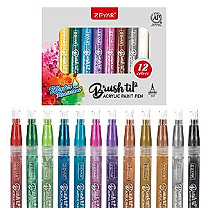 ZEYAR Acrylic Paint Pens, Brush Tip, Water based, Metallic Colors, Writes on Paper, Rock, Rubber, Ceramics, Wood, Glass and more (12 Metallic Colors)