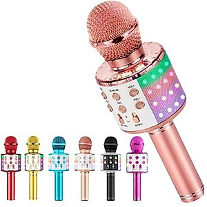 Microphone Kids Karaoke Microphone for Singing, 5 in 1 Bluetooth Microphone with LED Lights Karaoke Machine Portable Mic Speaker Player Recorder for Home Party Birthday (Pink)
