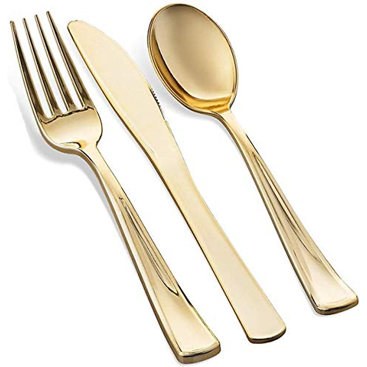 Munfix 600 Piece Gold Dinnerware Set - 100 Gold Rim 10 inch Plastic Plates 100 Gold Rim 7 Inch Plates -300 Gold Plastic Silverware - 100 Gold Plastic Cups - 100 Guest Disposable Gold Dinnerware Set