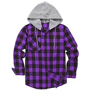 ZITY Men's Flannel Hoodie Shirts Casual Button Down Plaid Shirt Jackets for Men Long Sleeve Stylish Hooded with Pocket Black Purple Medium