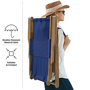 Lavish Home Beach Chair - Outdoor Weather-Resistant Wood Folding Chair with Backpack Straps - 4-Position Reclining Seat - Beach Essentials (Blue)