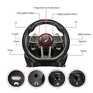 Bonacell Game Racing Steering Wheel, 270/900 Degree PC Gaming Wheel with Universal USB Port and with 2-Pedal Pedals, Suitable for PC, PS3, PS4, Xbox One, Nintendo Switch