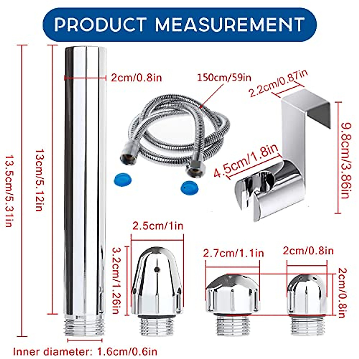 Handheld Shower with Faucet Douche Attachments, Shower 3 Heads in Aluminium - with Faucet Splitter, 59 inch Hose and Hook up Toilet or Wall Mount