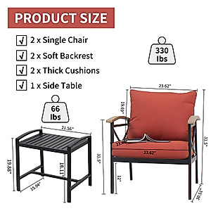 VARVIND 3 Pcs Outdoor Patio Furniture Set,Patio Conversation Sofa Set with Side Table,All Weather Patio Bistro Set,Outdoor Porch Chairs with Cushion for Garden,Backyard,Lawn,Poolside(Red)
