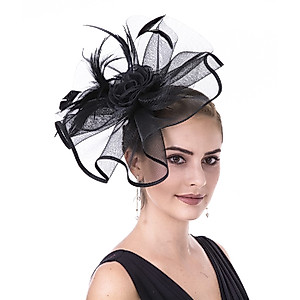 Lucky Leaf Girl Lady Hat Headwear Organza Church Feather Clip Fascinators Hat Wedding Party Kentucky Derby Cap for Women(L-Flowers-Black)