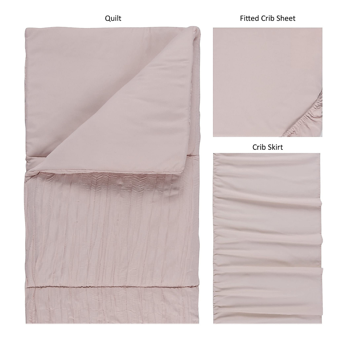 Trend Lab Soft Blush Pink Fabric 3 Piece Crib Bedding Set, Sewn with Elegant Ruching, Includes Quilt, Fitted Crib Sheet and Skirt
