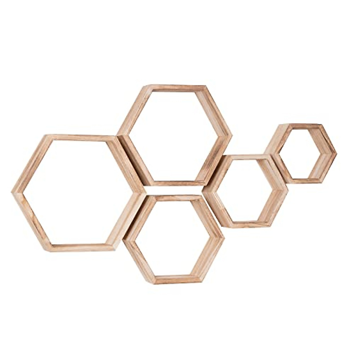 WONFUlity Hexagon Floating Shelves, Wall Mounted Wood Farmhouse Storage Honeycomb Shelves Set of 5 Wall Shelf for Bathroom, Kitchen, Bedroom, Living Room,Driftwood Finish Wall Decor, Light Brown
