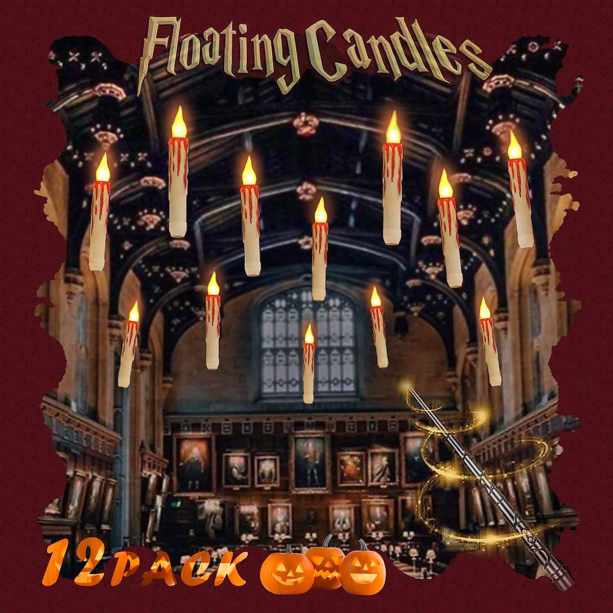 UPLAVIE Halloween Decorations, Hanging Floating Candles with Wand Remote Control, 12 Pcs Hanging Floating LED Candles Warm White Light Window Candles Christmas Decor for Halloween Christmas Party