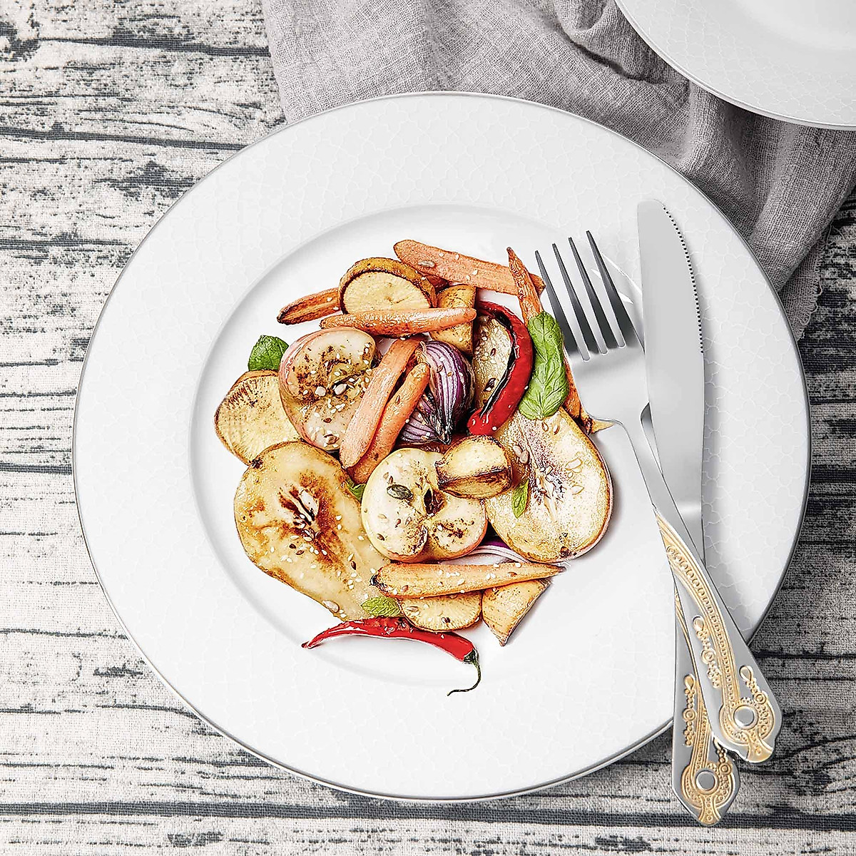 Gold Silverware Set, 20 Piece Stainless Steel Golden Flatware Set for 4, Silver Tableware Set with 24K Gold-Plated Trim, Eating Utensils, Great for Family Gatherings & Daily Use(Prestige)