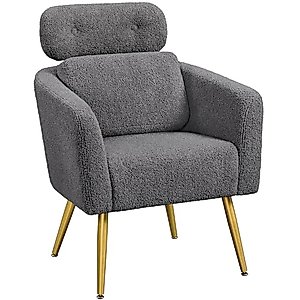 Yaheetech Accent Chair, Cozy Living Room Chair Adjustable Headrest, Boucle Vanity Chair Lumbar Pillow Golden Legs, Modern Armchair Bedroom, Dark Gray